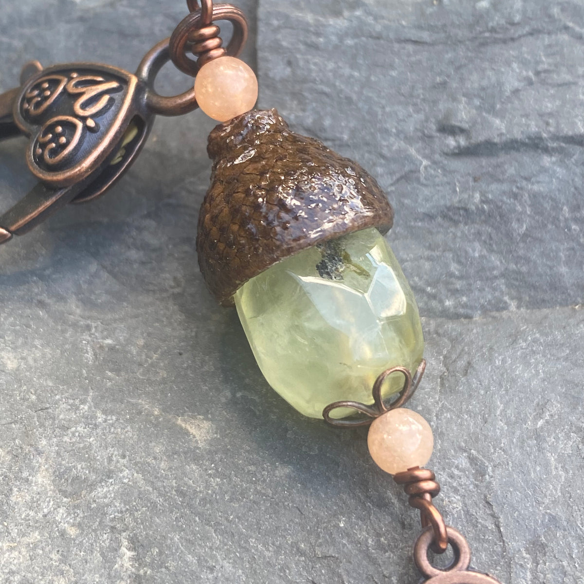 Lime Quartz Acorn Charm with Copper Peace Sign – Coral and Vine Co